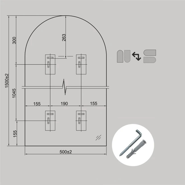 Arkos formos veidrodis su baltu rėmu 50x150. Veidrodis arka su rėmeliu